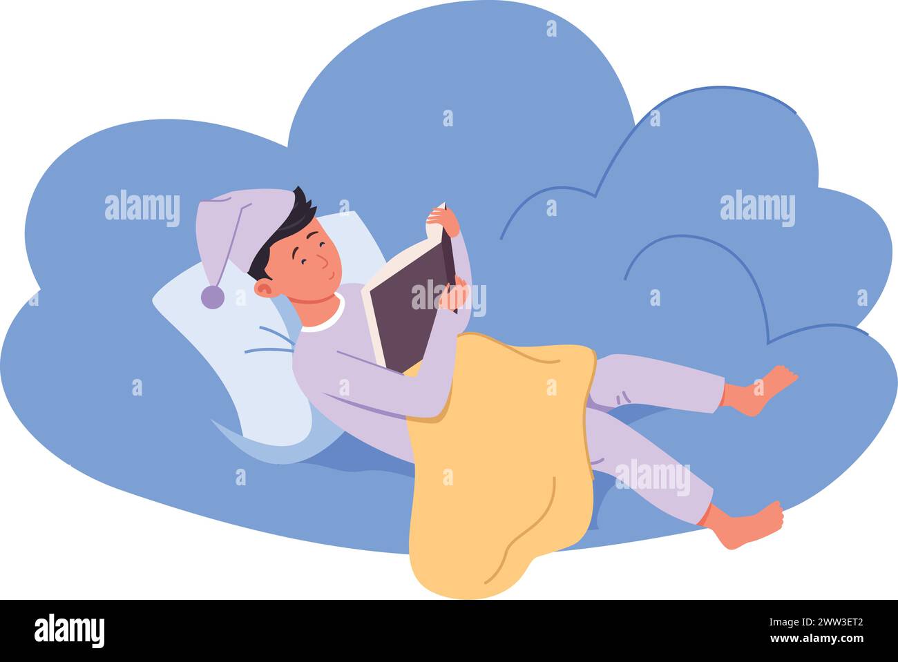 Boy reading book before sleep. Good night icon isolated on white ...