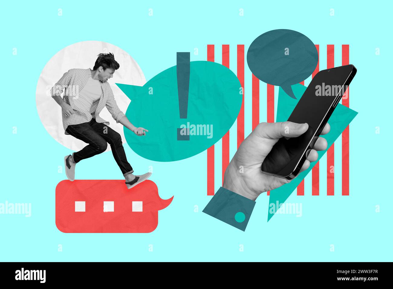 Composite photo collage of young angry guy dance textbox bubble hand ...