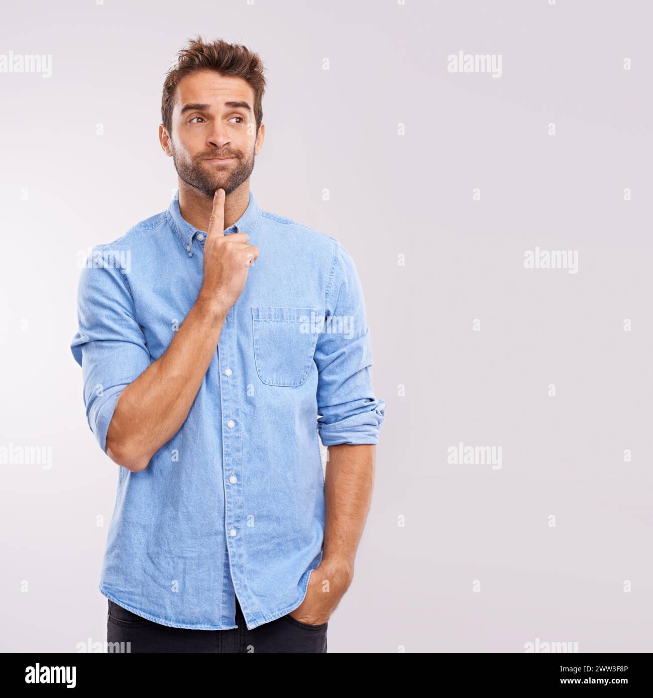 Thinking, planning and man in studio with why, questions or ...