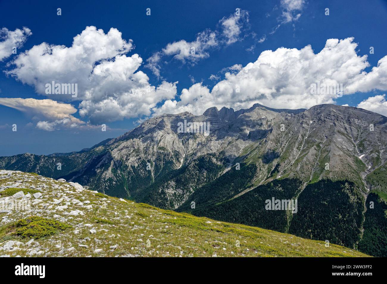 Distant view of the main peaks of Mount Olympus, the highest mountain ...