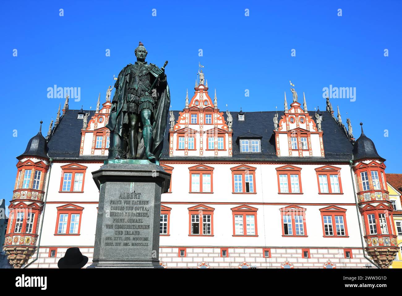 The historic old town centre of Coburg with a view of the statue of ...