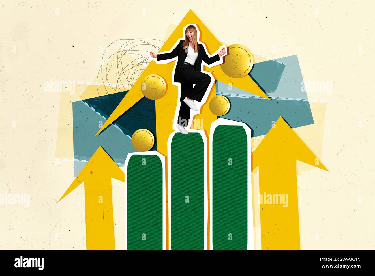 Composite photo collage of happy businesswoman increase income gold ...