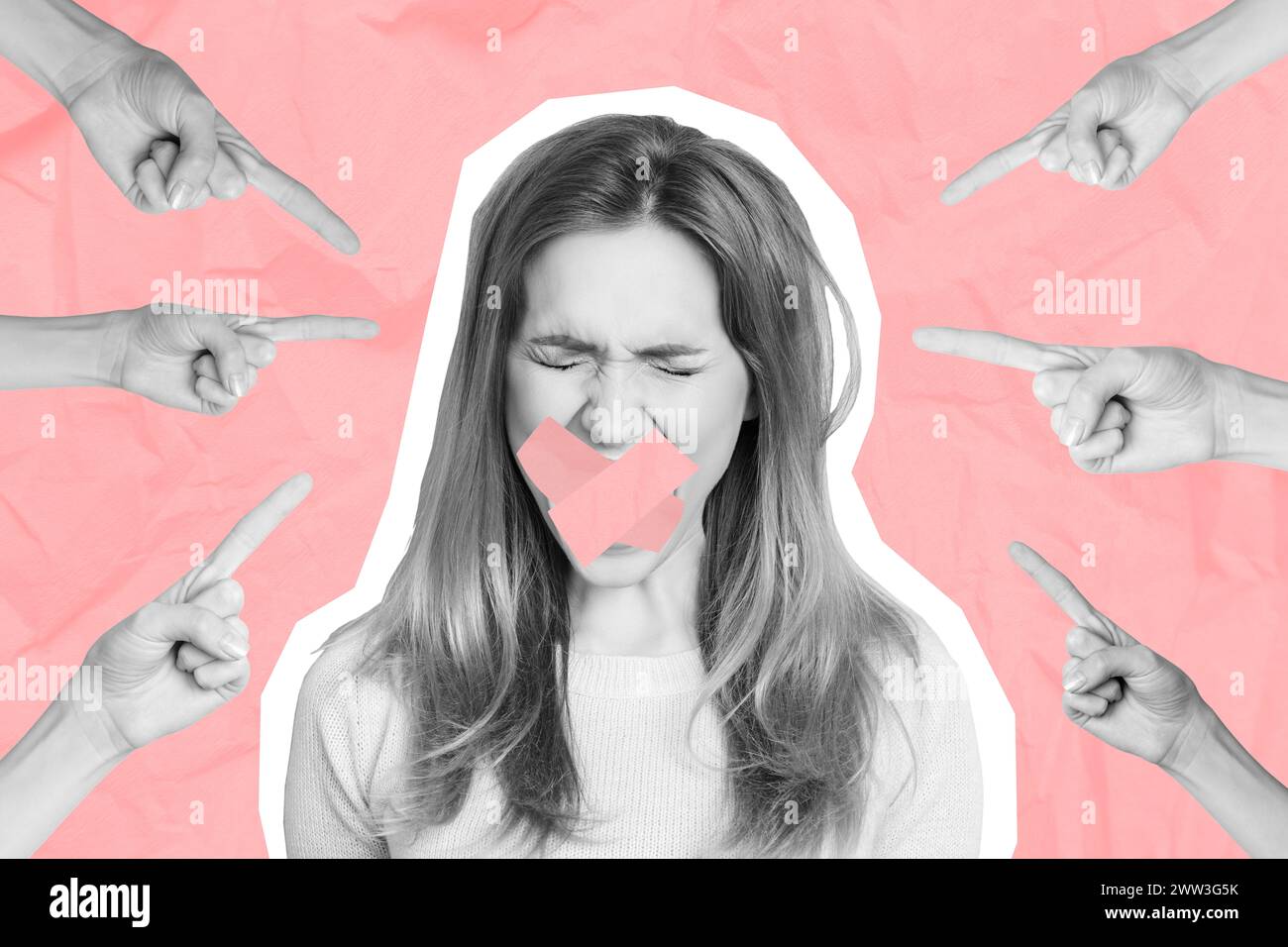 Collage picture of black white colors people hands point finger ...