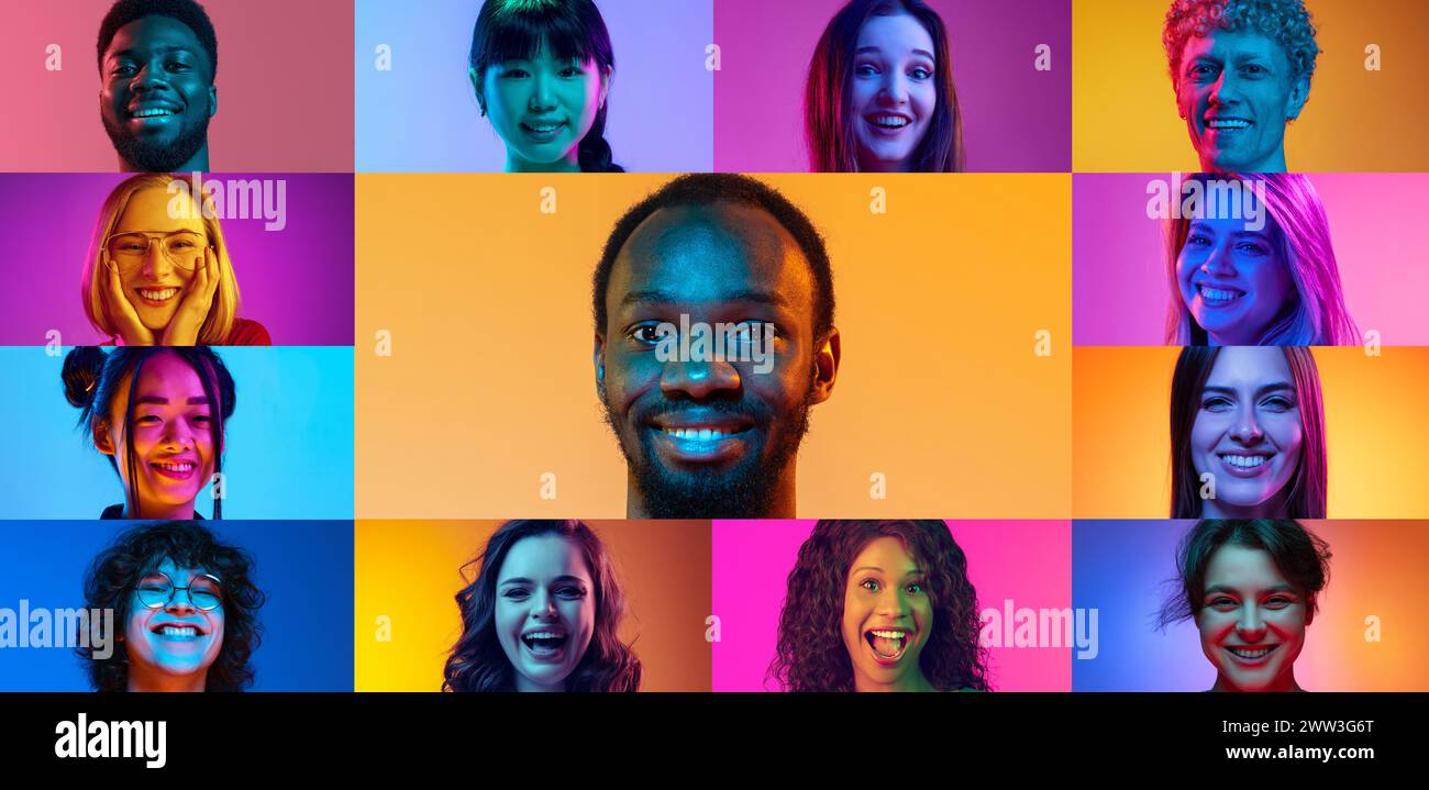 Collage made of portraits of positive people of different age, gender ...