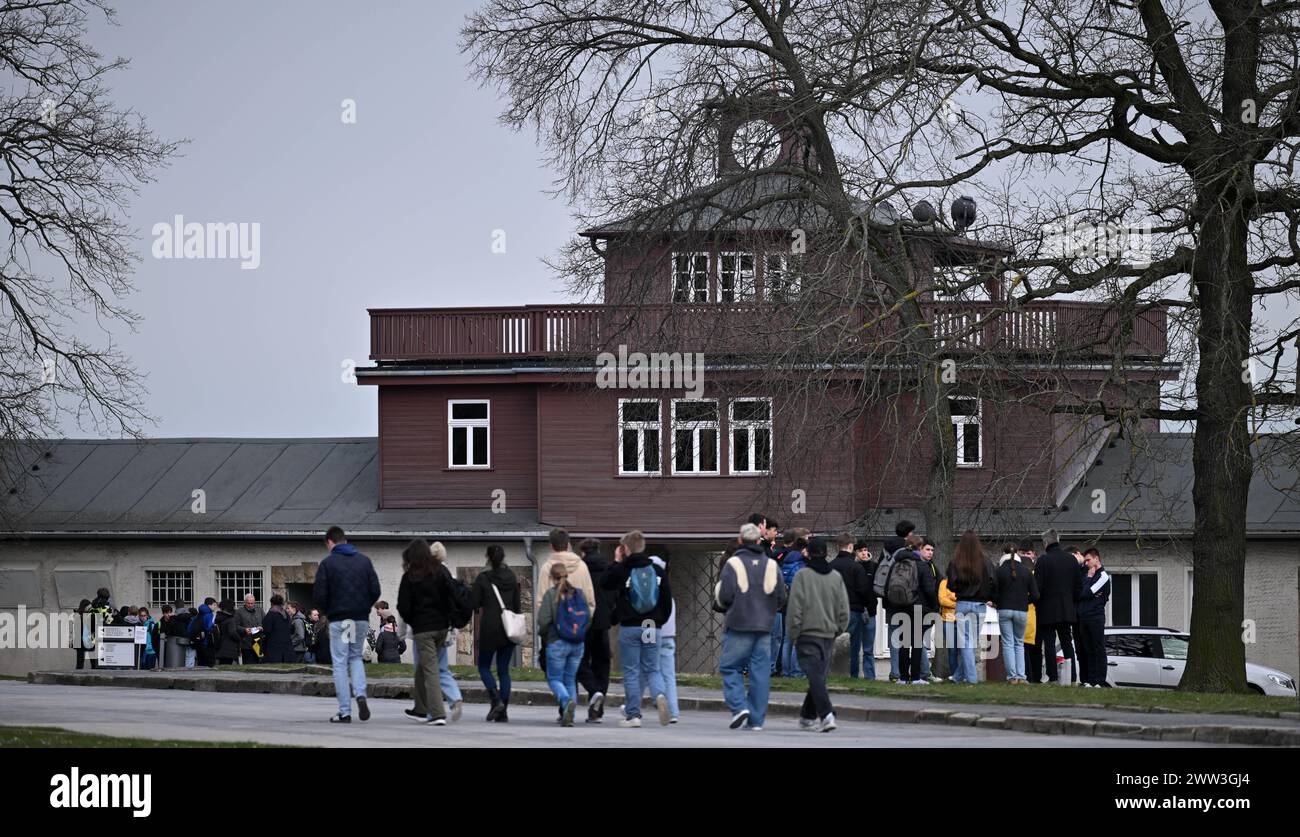 21 March 2024, Thuringia, Weimar: The camp gate of the Buchenwald ...