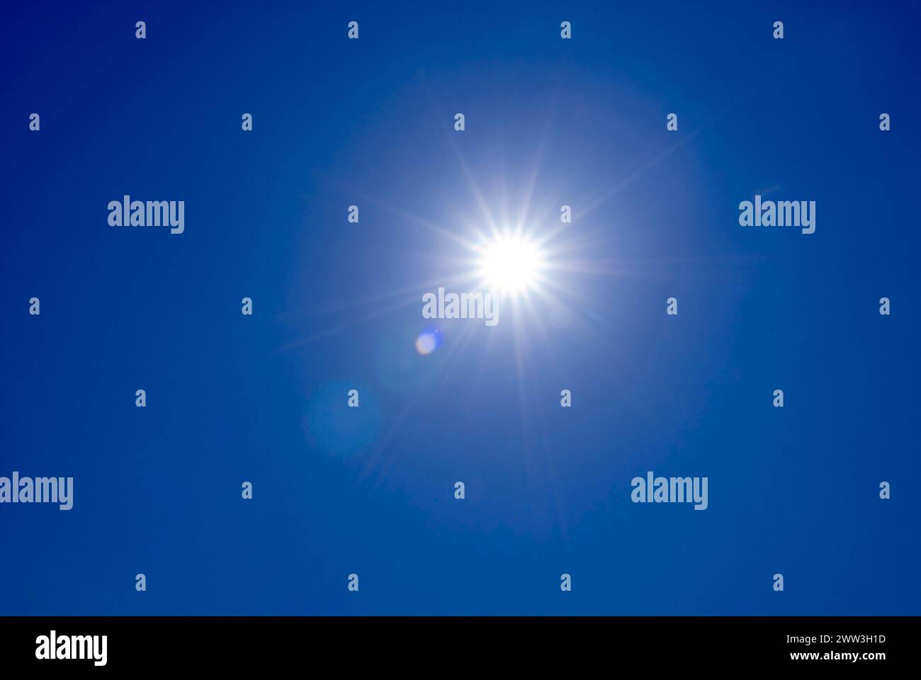 Sun in back lit high in the blue sky burning in Mid Summer Stock Photo ...