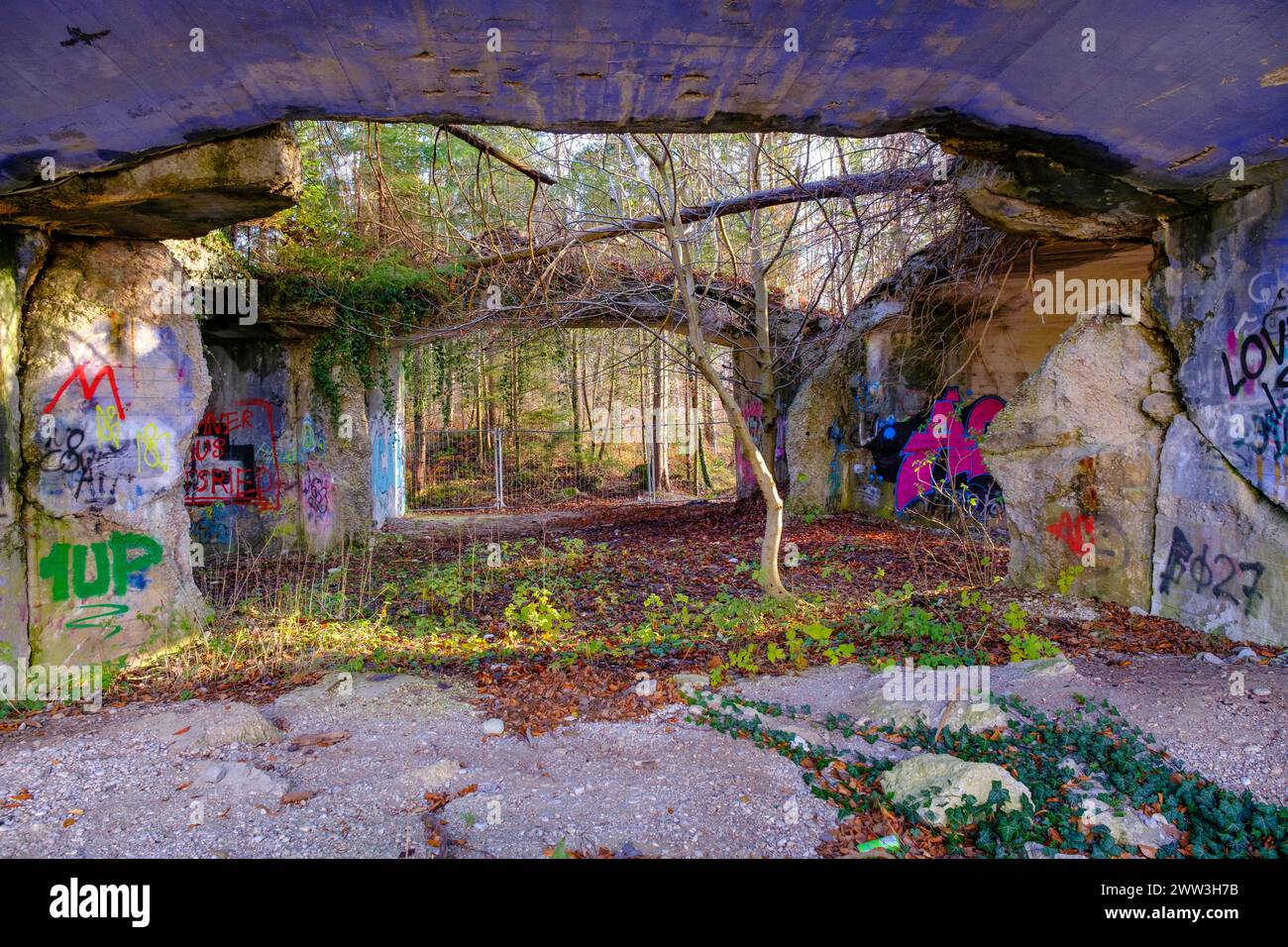 Colourfully painted ruins of a production bunker of the former ...