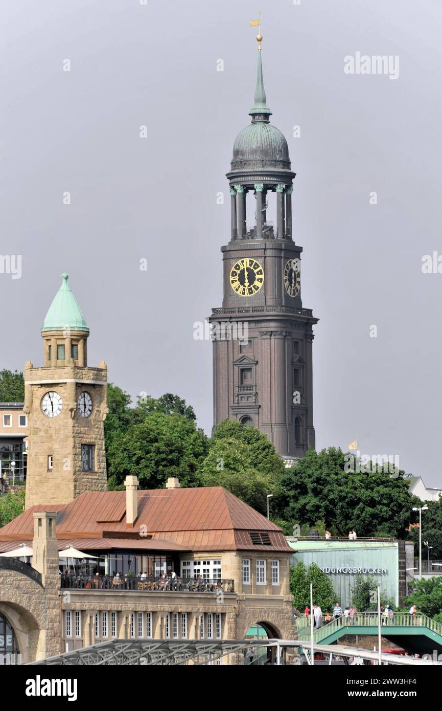 The Hamburg Michel with its striking tower clock under a cloudy sky ...