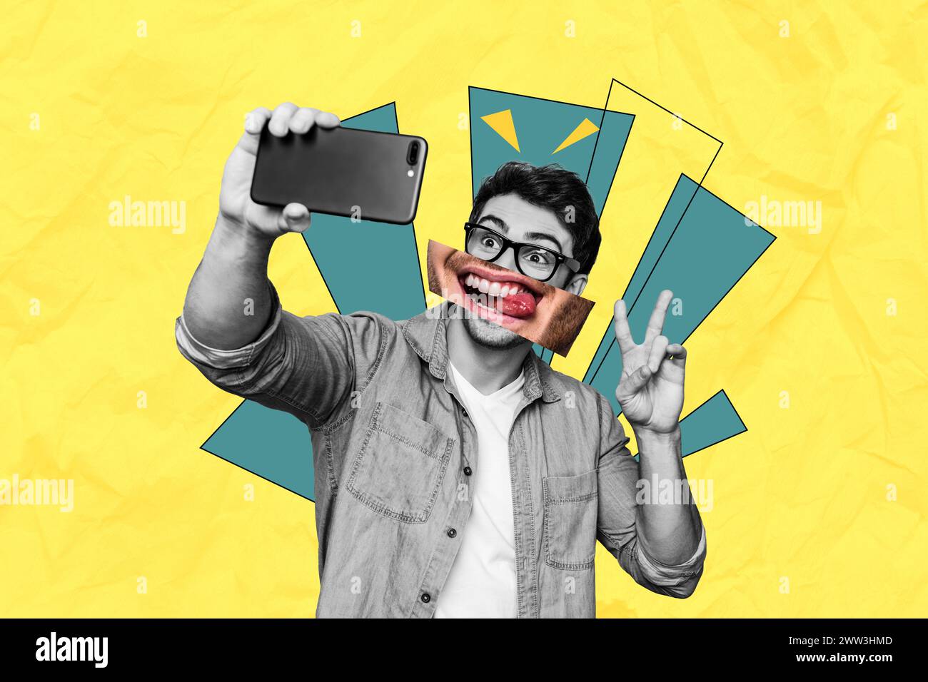Composite photo collage of funny nerd guy cut mouth teeth tongue make ...