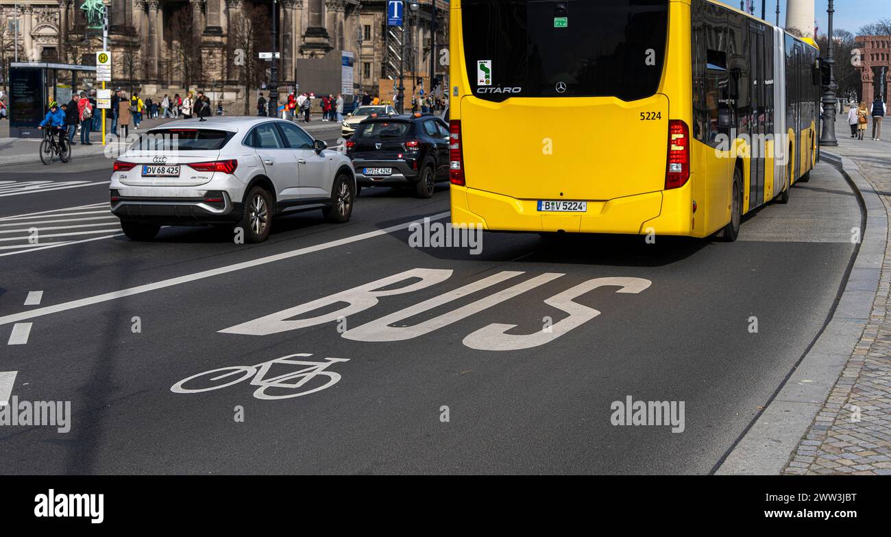 Combined bus and cycle lane, Unter den Linden Palace Bridge, Berlin ...