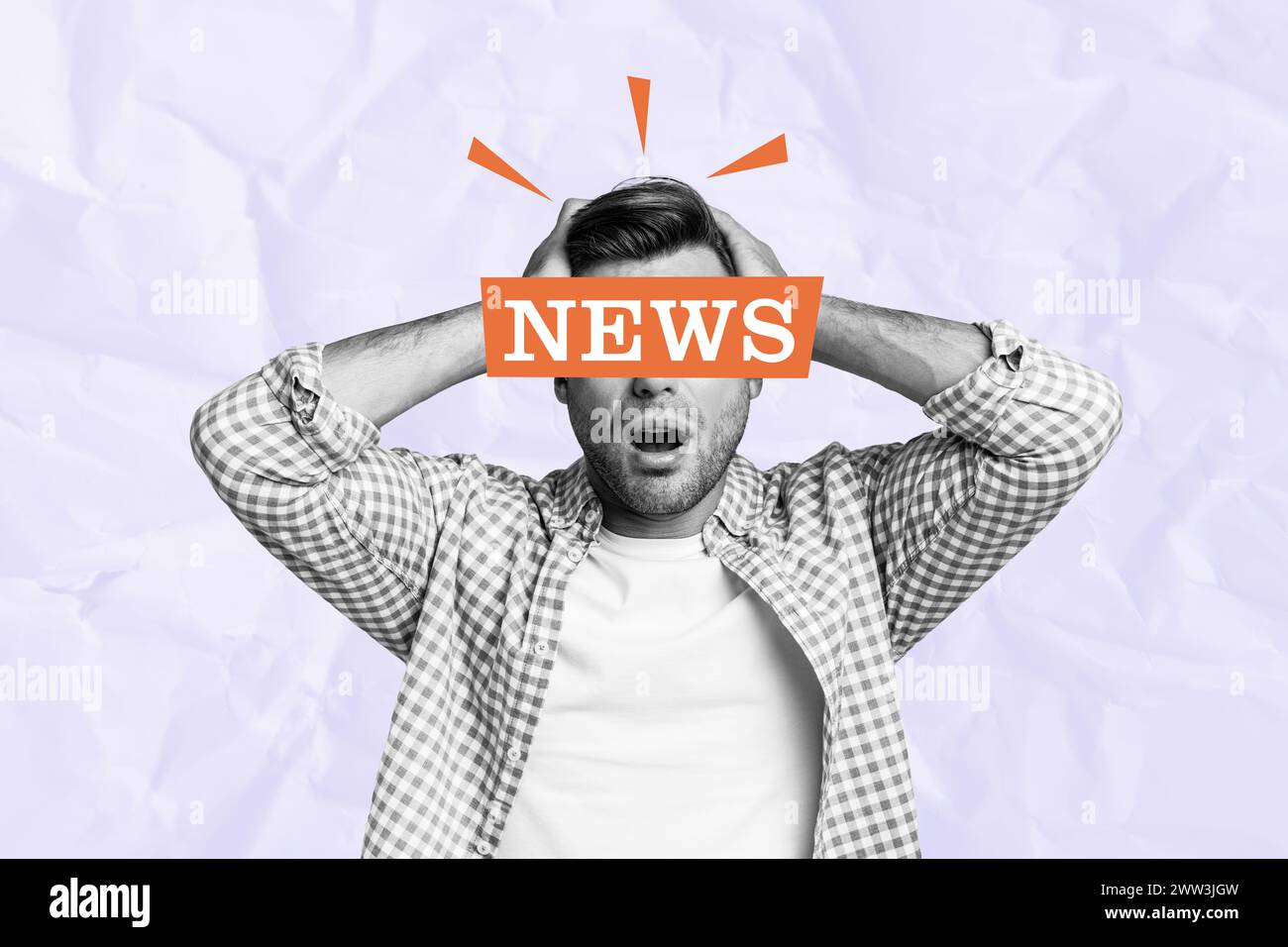 Composite photo collage of astonished young man hands hold head ...