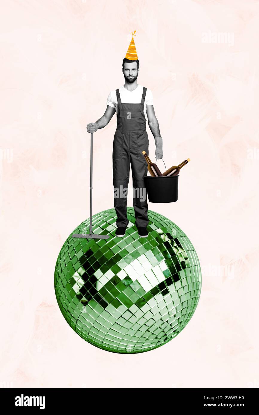 Vertical photo collage of serious cleaner hold bucket bottle after ...