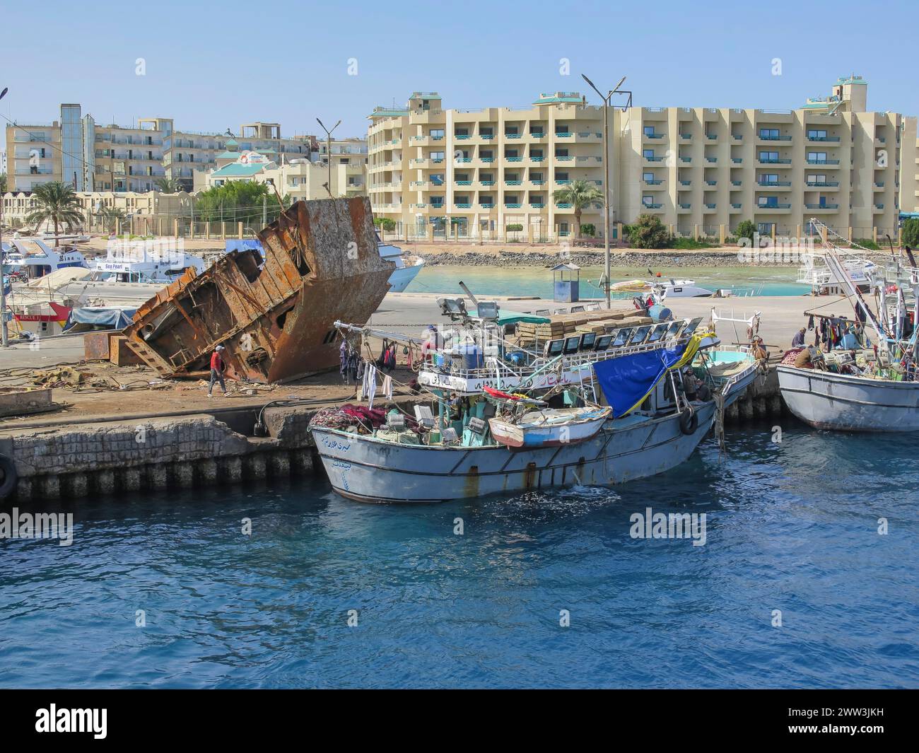 Fishing boats in the harbour of Hurghada, Red Sea, Egypt Stock Photo ...