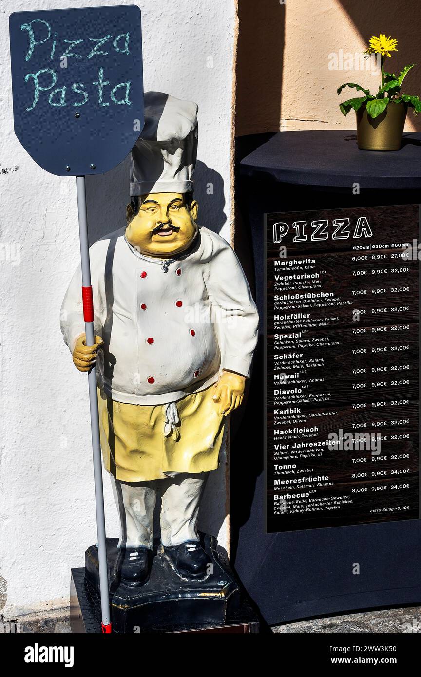 Chef advertising figure with pizza-pasta advert, Allgaeu, Bavaria ...