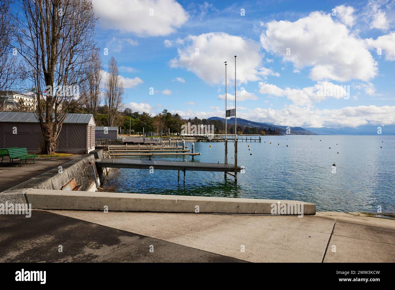 Small jetties in Lake Geneva and the bathing area in the Ouchy ...