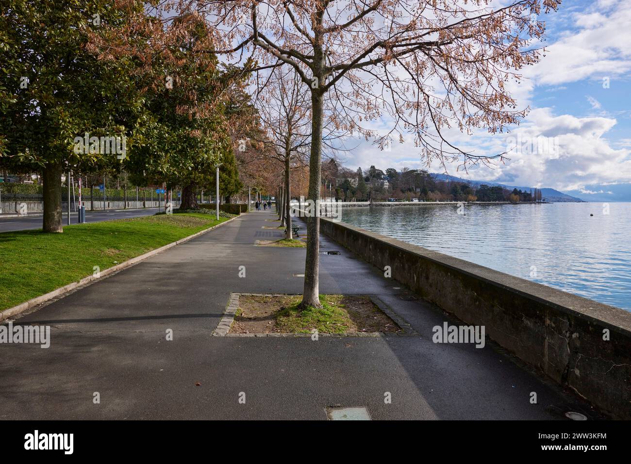 Winter lakeside promenade on Lake Geneva in the district of Ouchy ...
