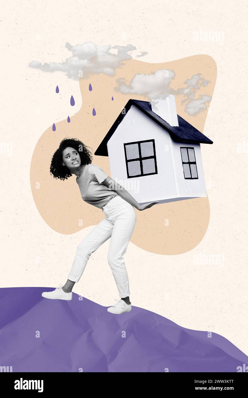 Creative vertical collage picture young stressed girl carry new house ...