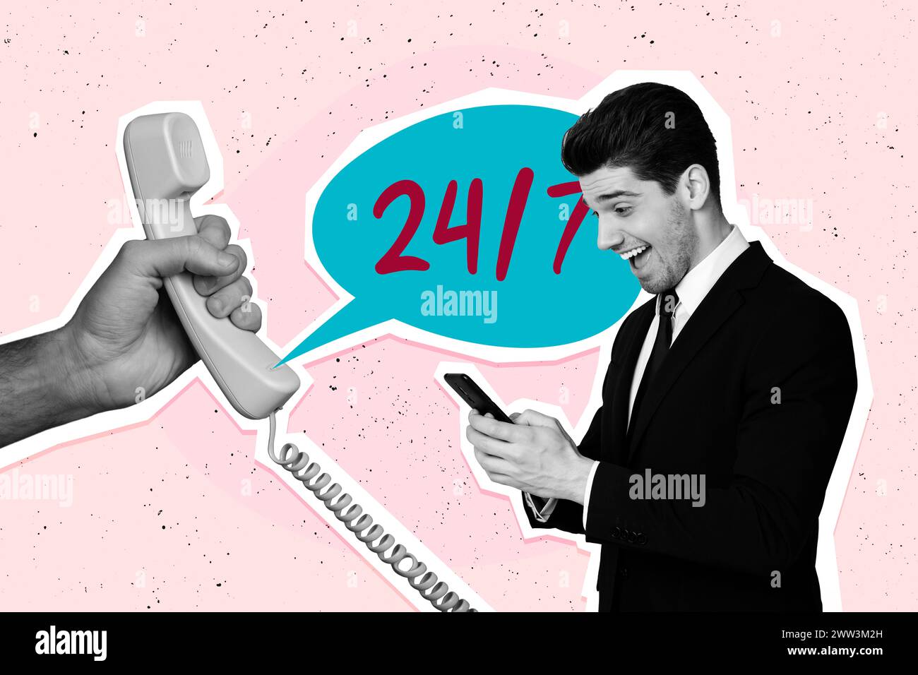 Composite photo collage of happy man manager hold iphone hand hold ...