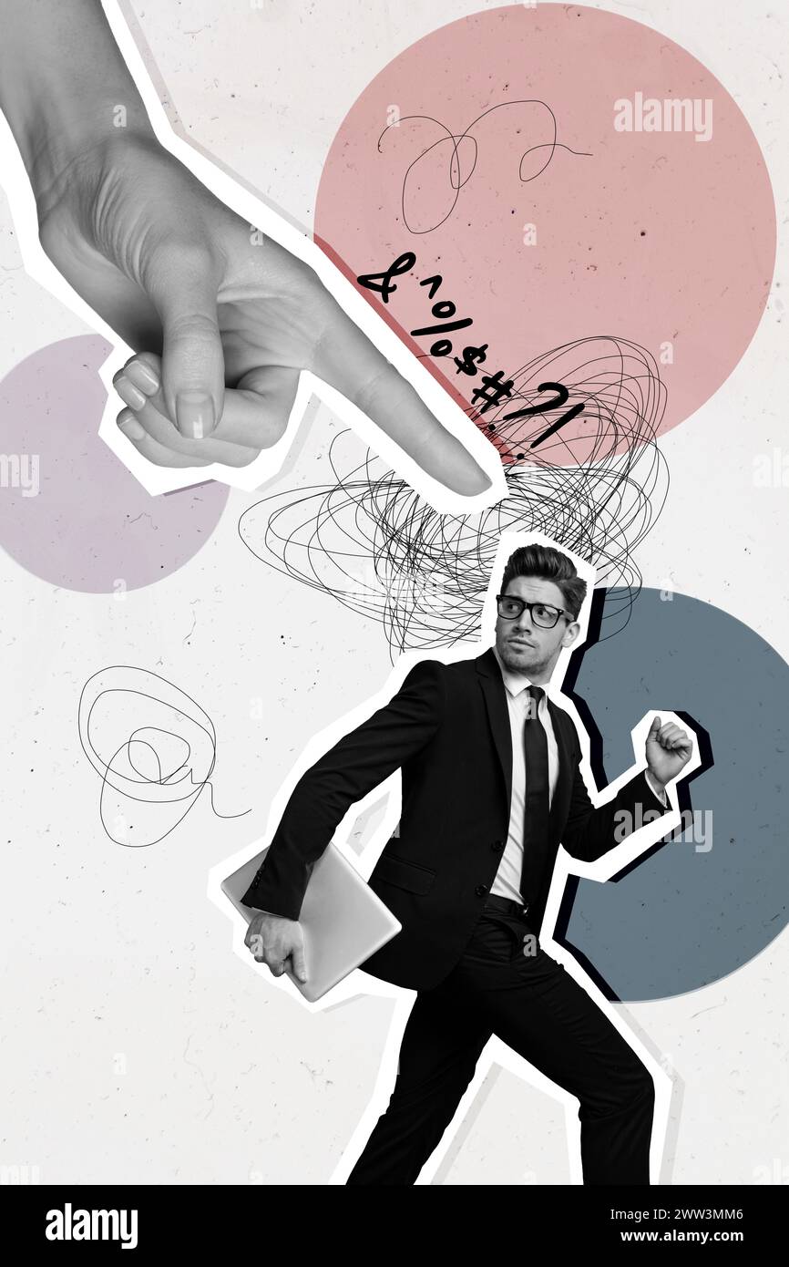 Vertical photo collage of serious man run hold laptop failure hire hand ...