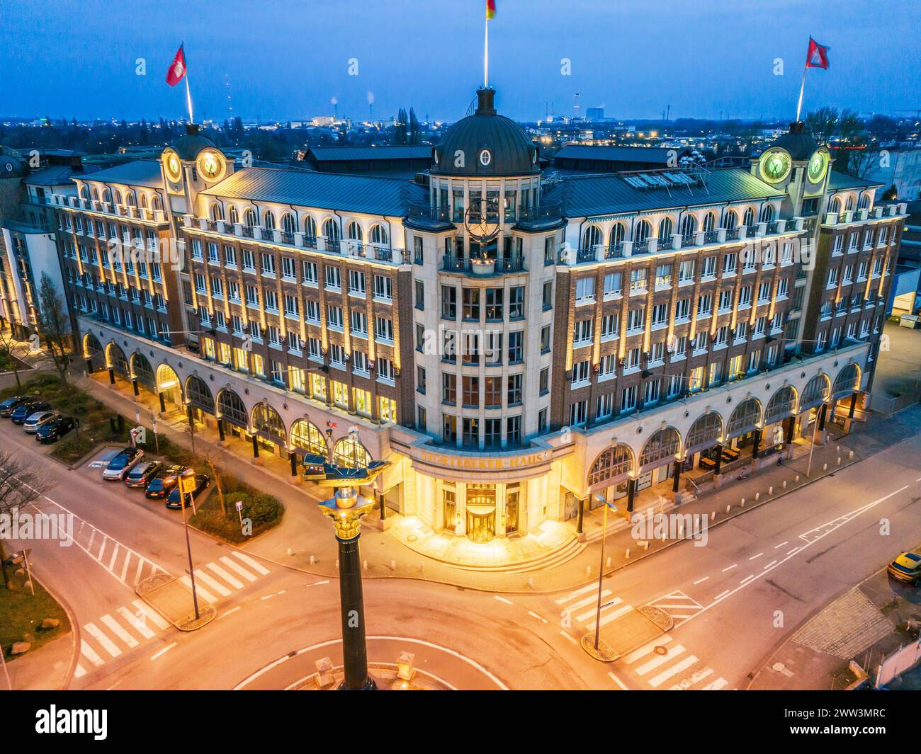 Aerial view of the Stoertebeker House at blue hour with granite column ...