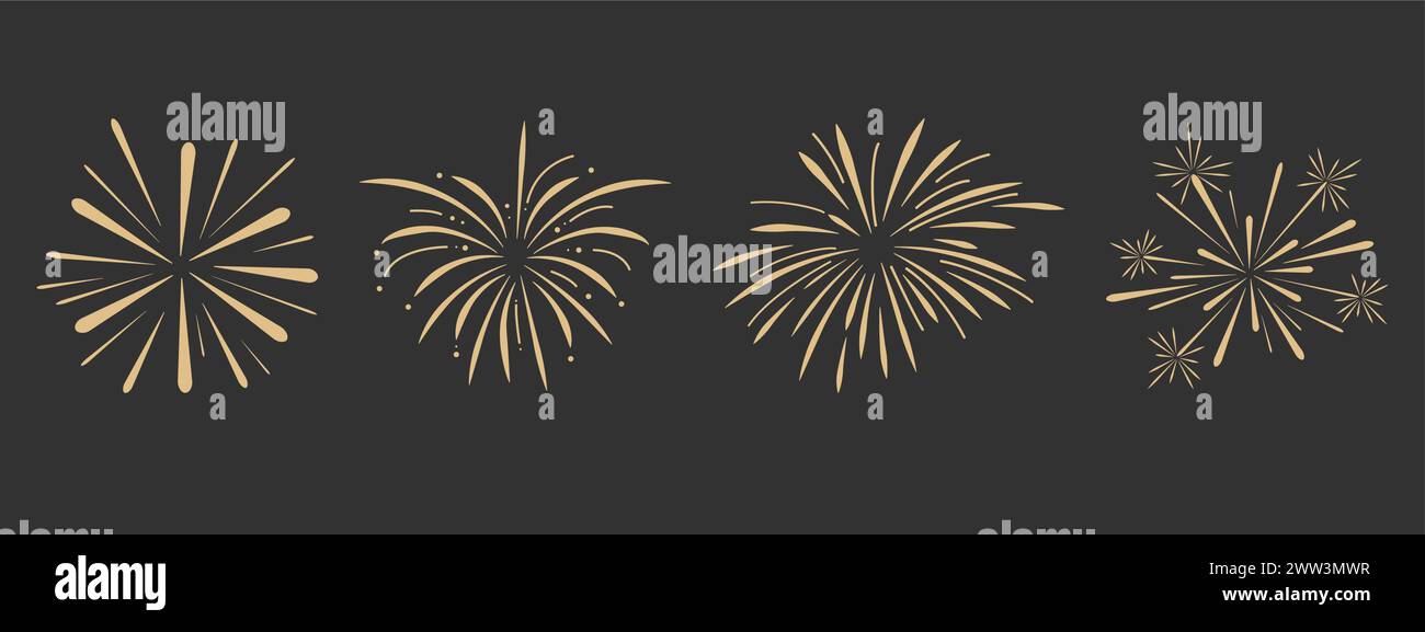 Set gold fireworks, firecrackers golden burst, rays festive doodle ...