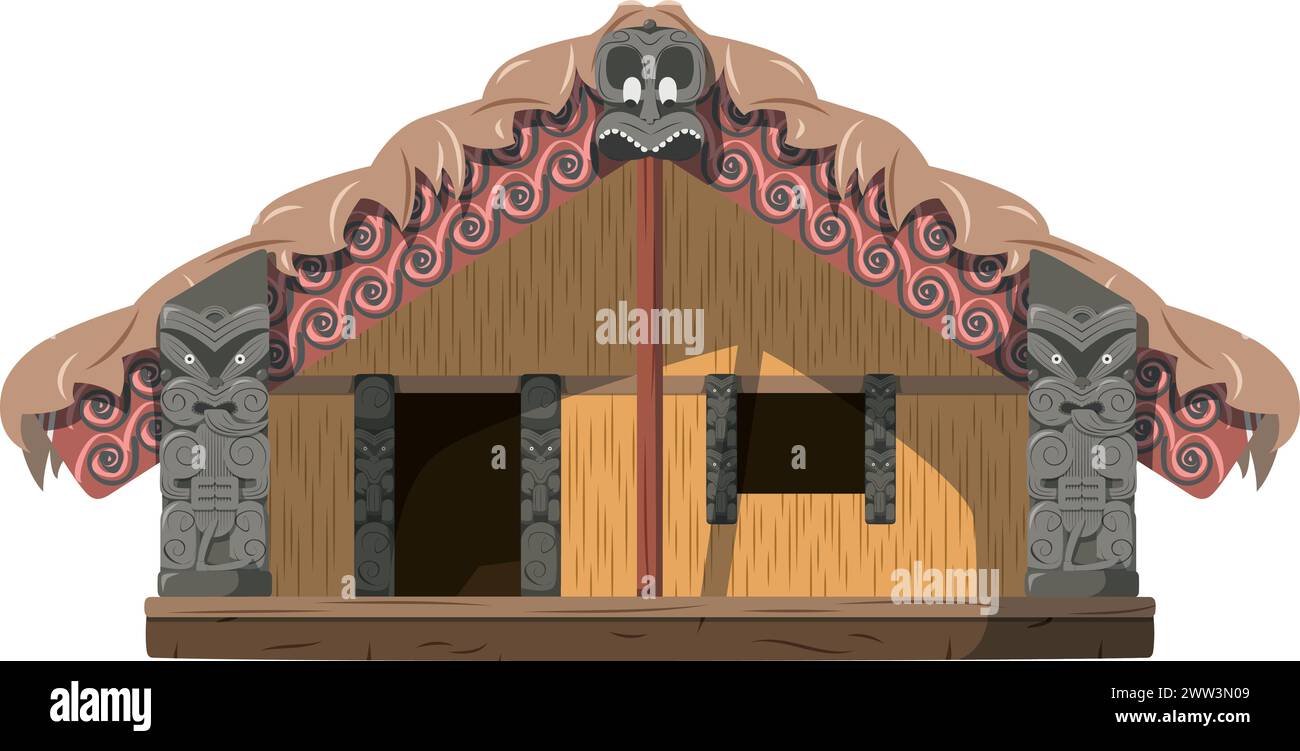 Vector illustration of a traditional Maori Wharenui house in cartoon ...