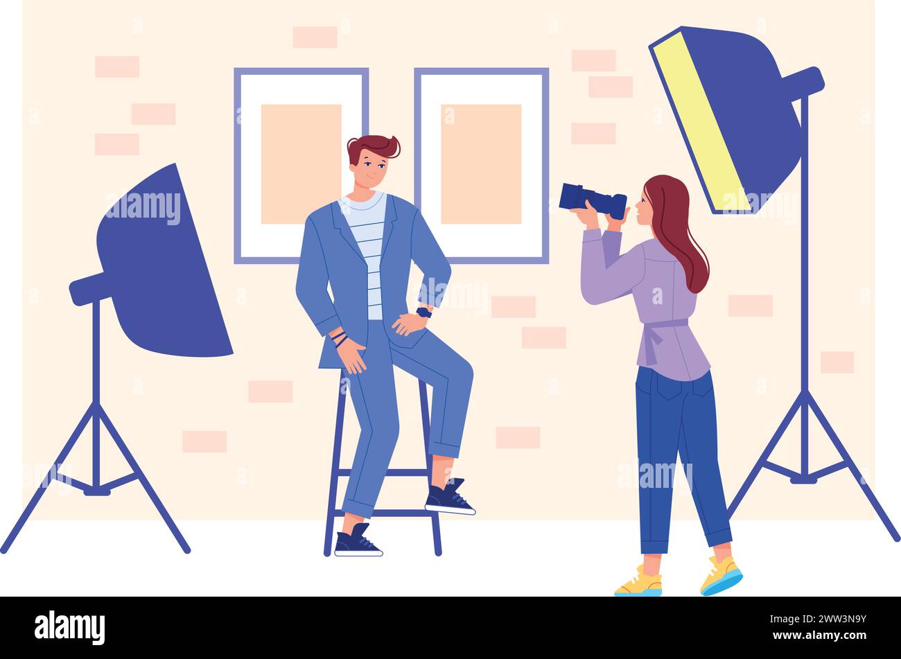 Professional photo studio. Photographer shooting male portrait isolated ...