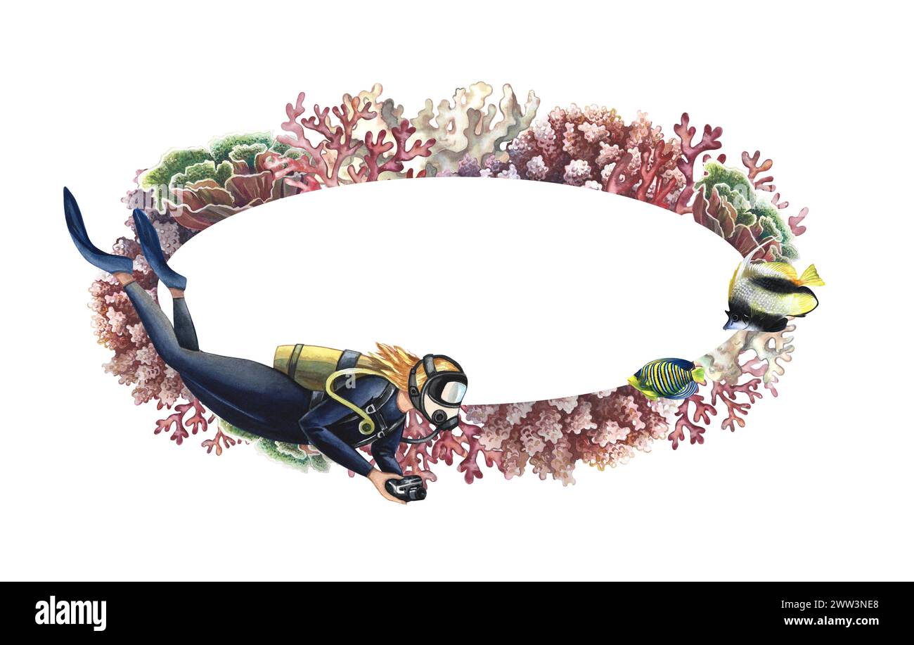 Oval frame with a female diver, corals, a sea turtle and fish. Hand ...
