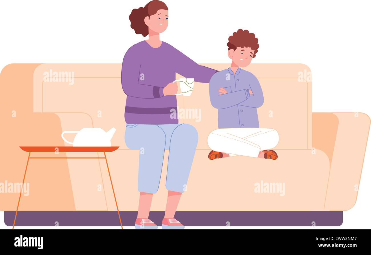 Mother comforting upset son on couch. Parenthood concept isolated on white background Stock ...