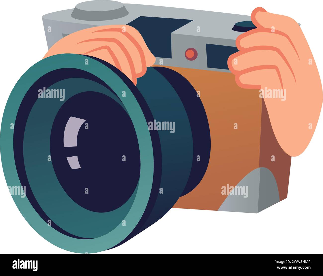 Photo camera in human hands colorful cartoon icon isolated on white ...