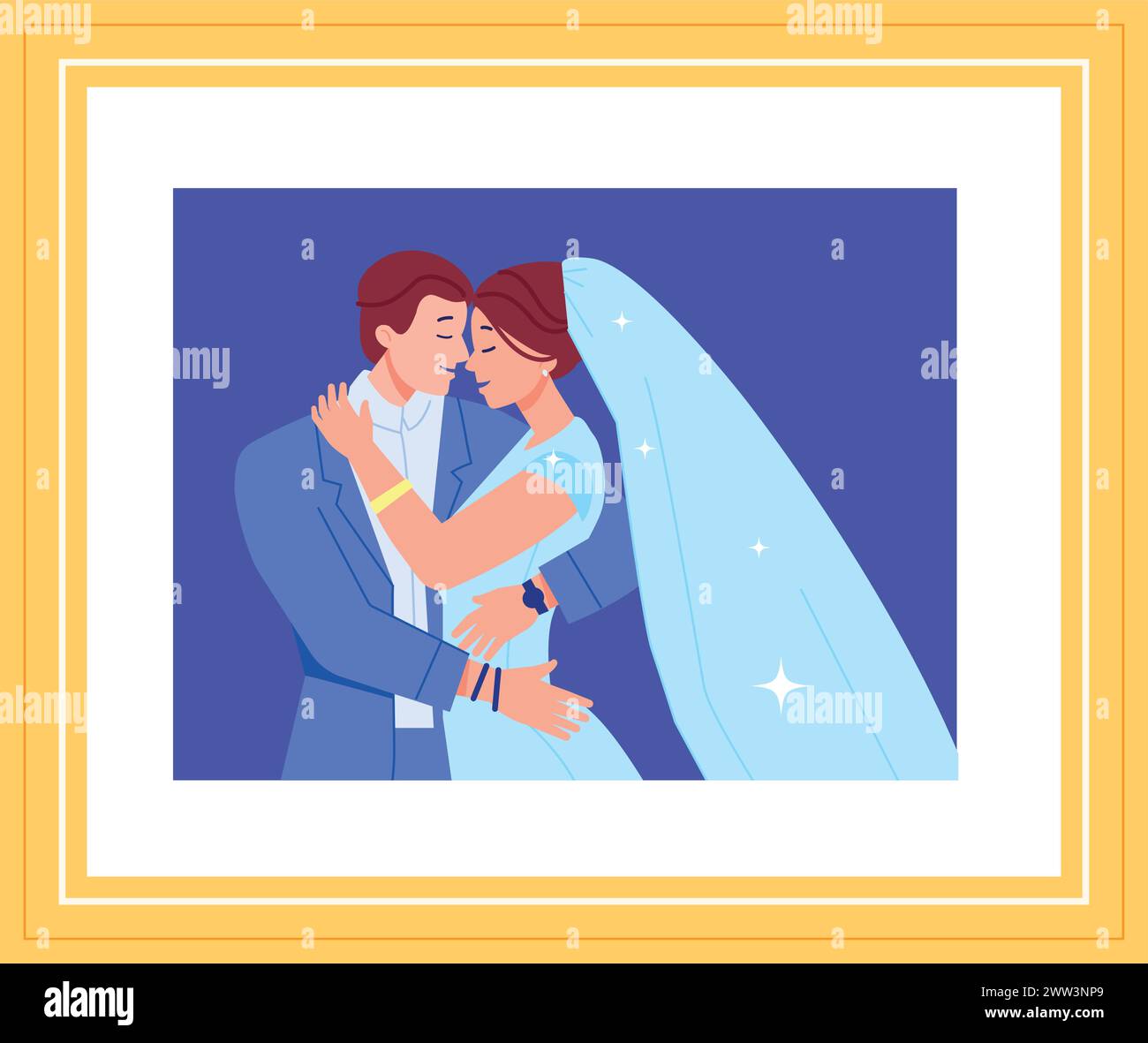 Wedding photo in frame. Happy groom and bride together isolated on ...