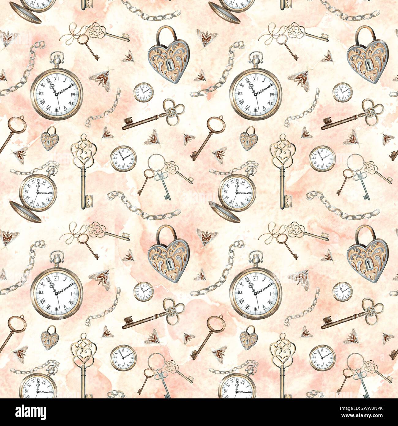 Pocket watch, keys, chain, lock, moths on a peach background ...