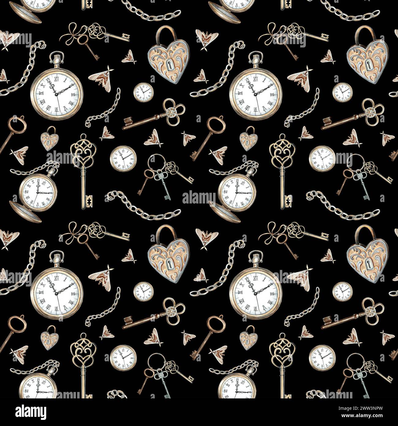Pocket watch, keys, chain, lock, moths on a black background ...