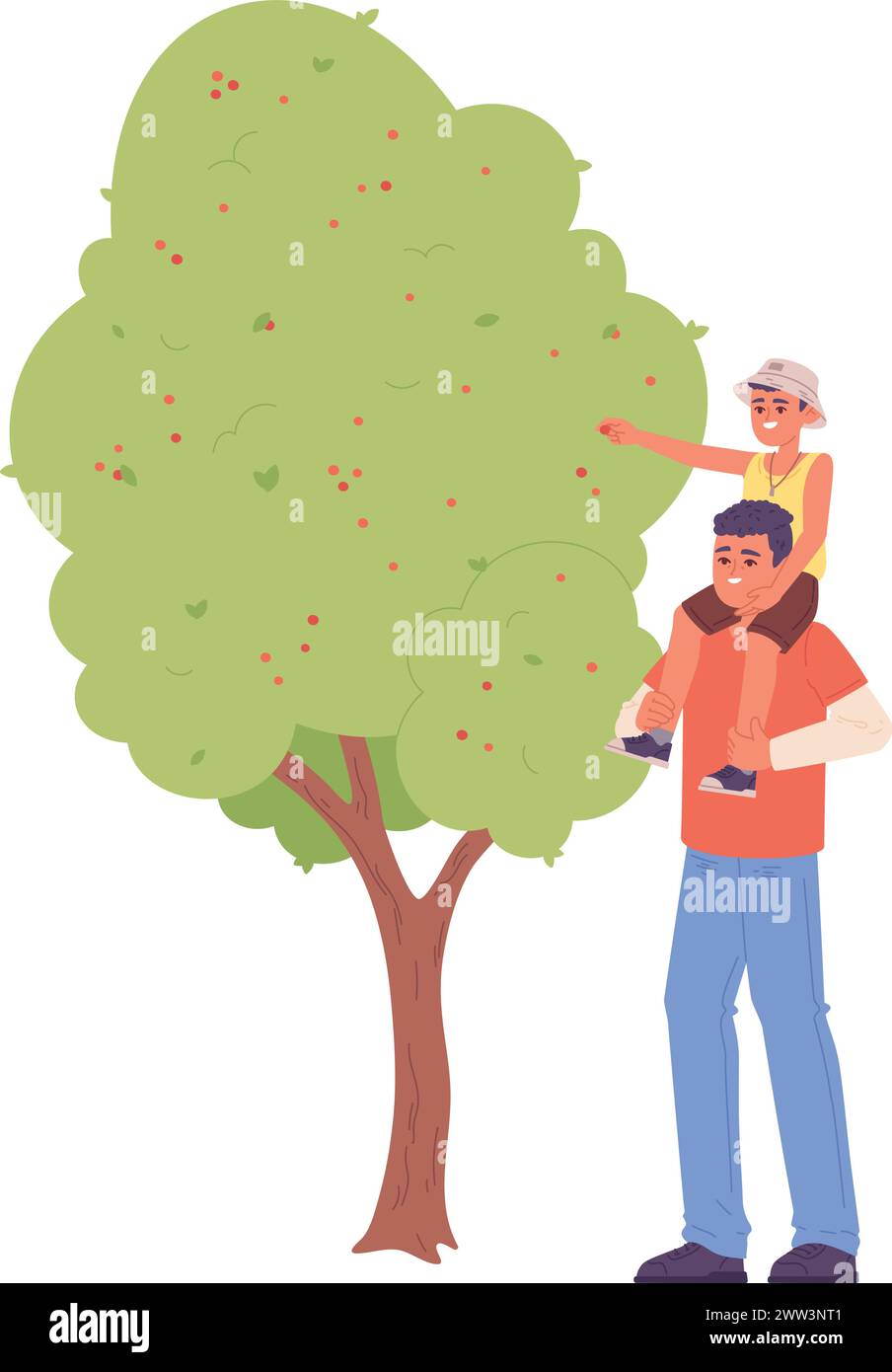 Dad lift boy for harvesting fruit from tree. Happy parent and kid ...