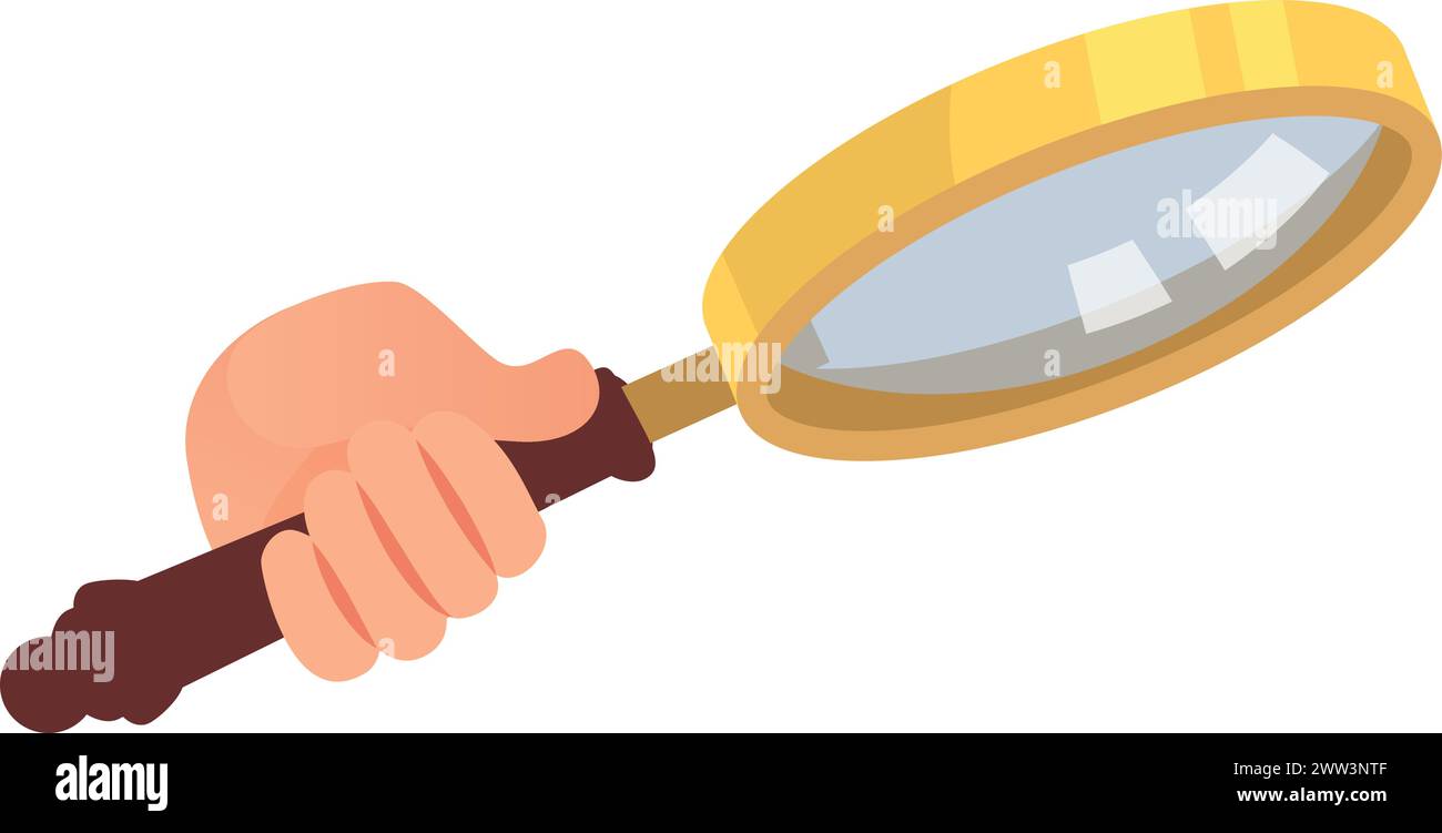 Hand hold magnifying glass. Clue search icon isolated on white ...