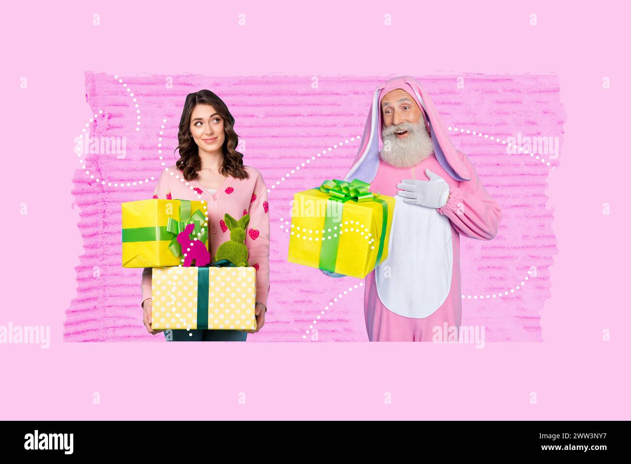 Collage retro sketch of touched old man bunny costume receive gift ...