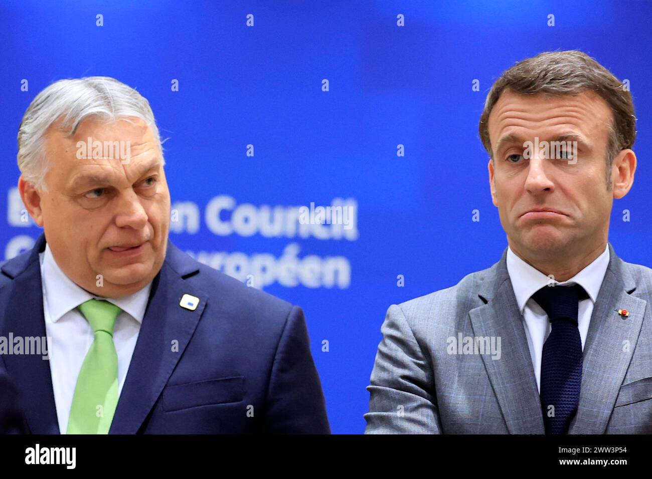 French President Emmanuel Macron, right, speaks with Hungary's Prime ...