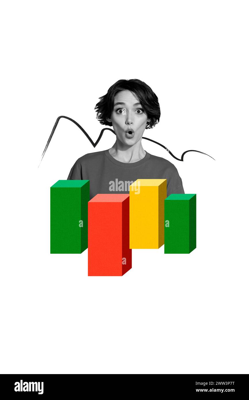 Vertical photo collage picture young amazed stunned gitl business ...