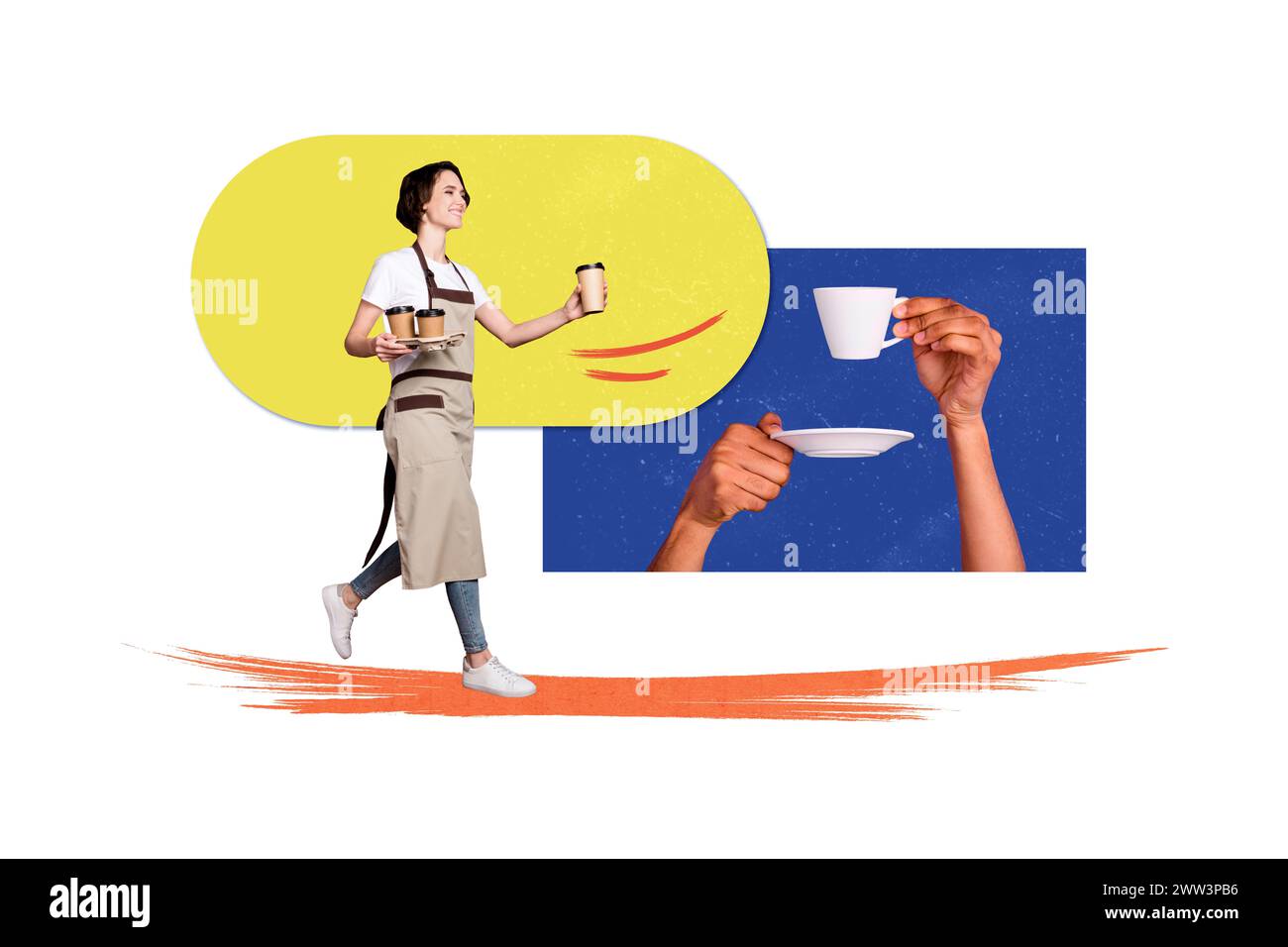 Composite collage image of waitress wear apron barista carry cup coffee ...