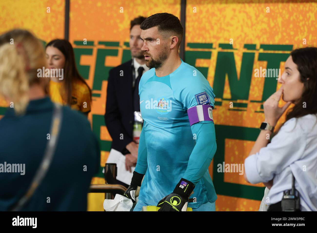 Sydney, Australia. 21st Mar, 2024. Mathew Ryan of Australia leads his ...