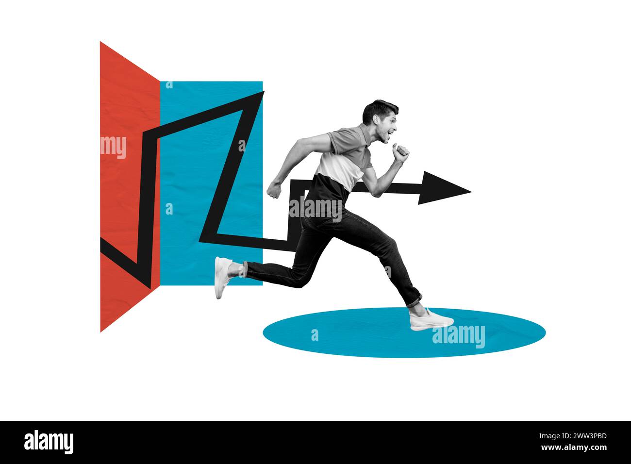 Composite photo collage of excited guy run arrow open door direction ...