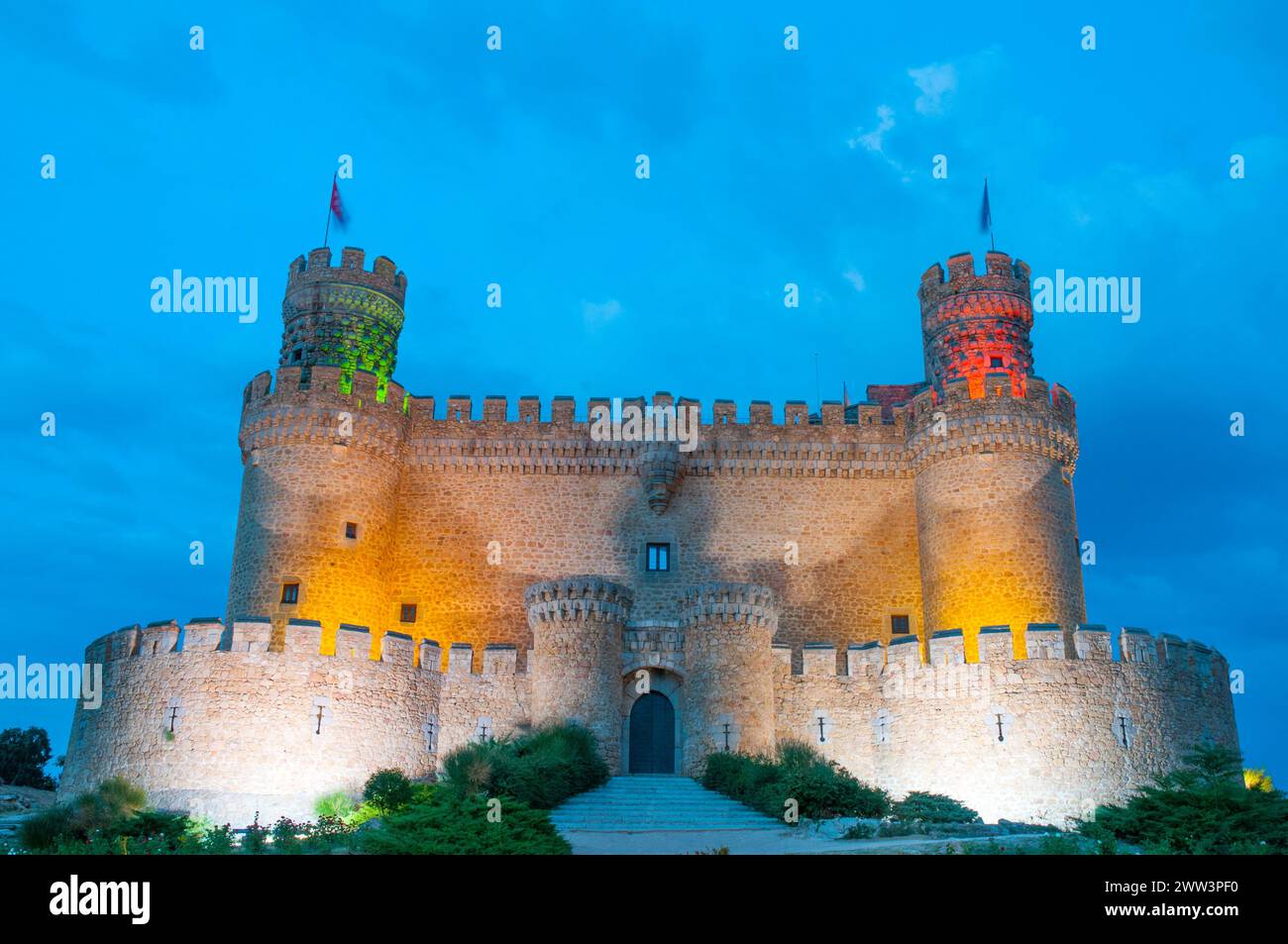Castle, night view. Manzanares El Real, Madrid province, Spain Stock ...