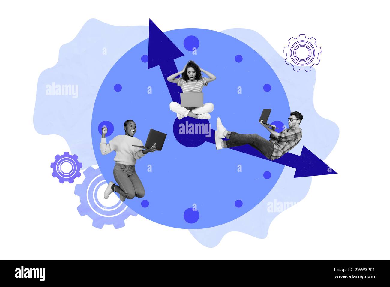 Composite photo collage of colleagues sit watch arrow dial laptop work ...