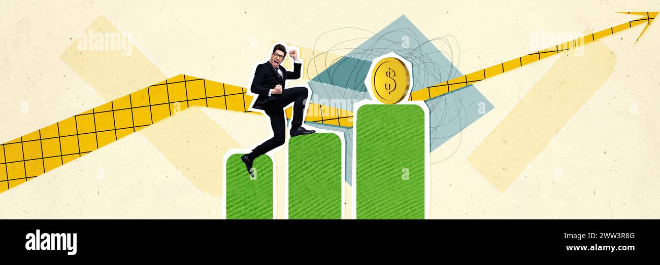 Composite panoramic photo collage of happy businessman increase income ...