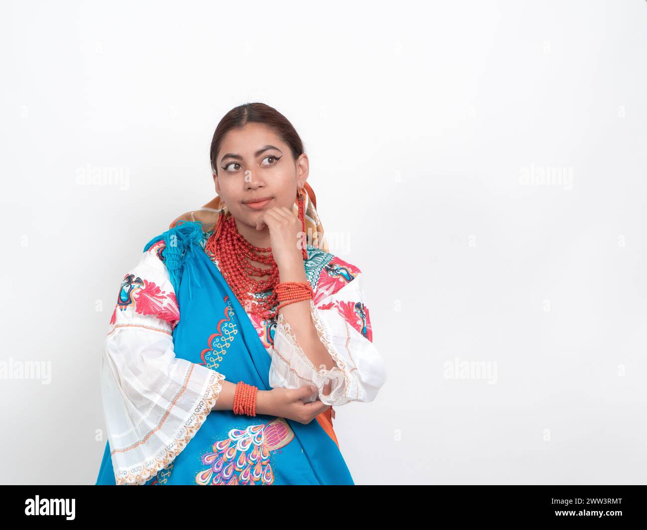 Ecuadorian Woman with Thoughtful Expression on White Background Stock ...
