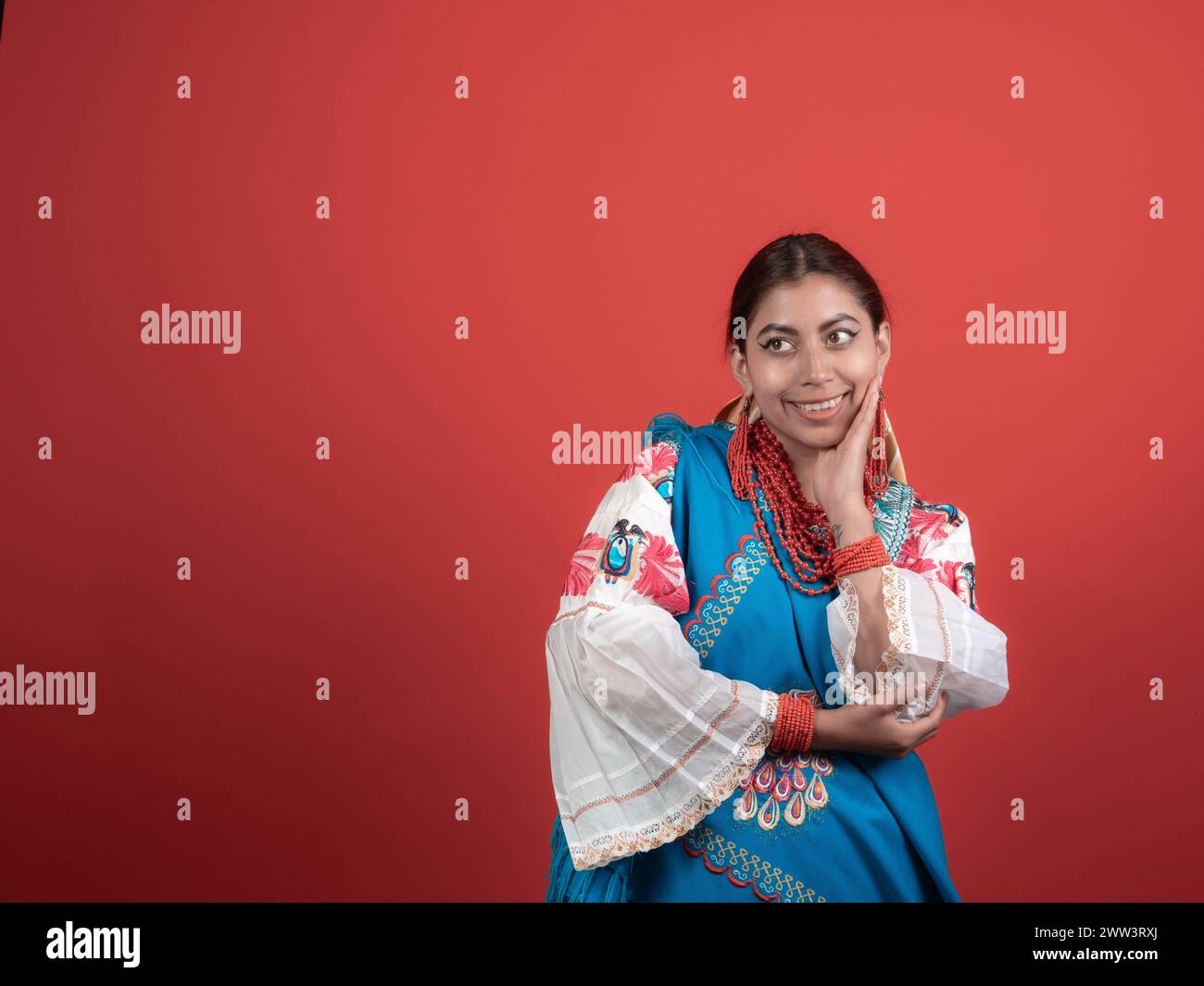 Latin girl of Kichwa origin with a red background and a face of ...