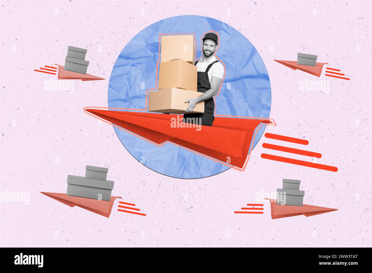 Composite photo collage of young delivery man courier hold parcel boxes ...