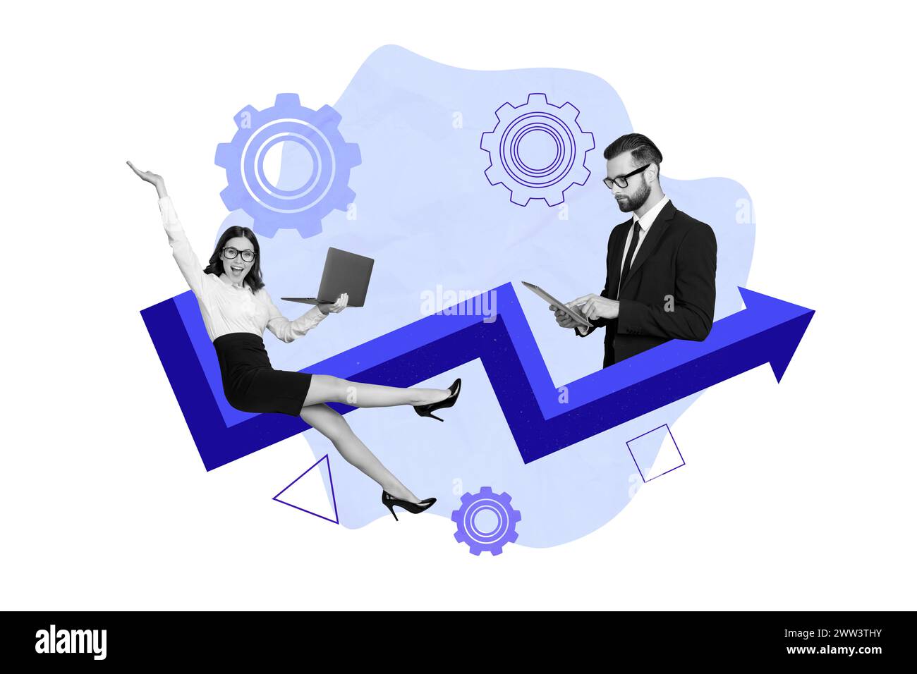 Creative photo collage young businesspeople project manager cogwheels ...