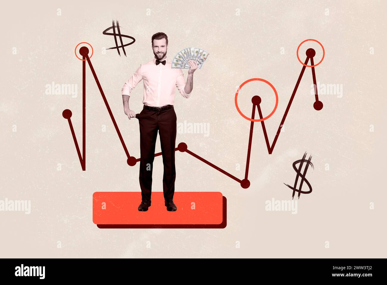 Creative photo collage young standing handsome gentleman businessman ...