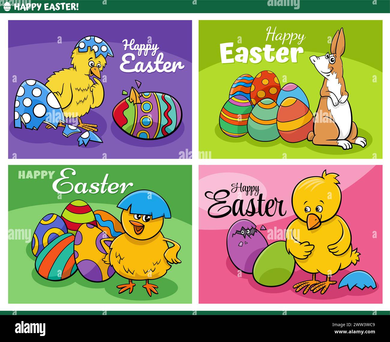 Cartoon illustration of Easter holiday greeting cards designs set with ...